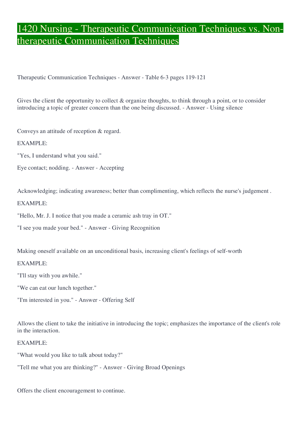 1420 Nursing - Therapeutic Communication Techniques vs. Non-therapeutic ...