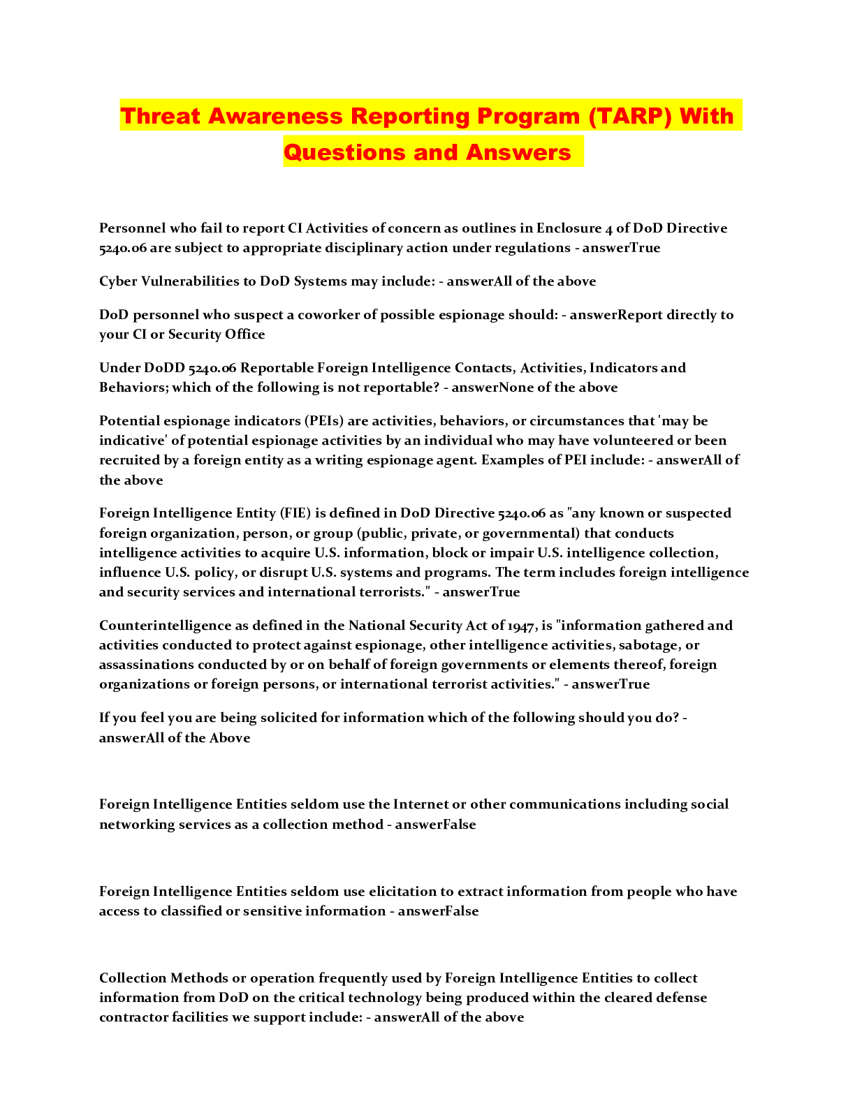 Threat Awareness Reporting Program (TARP) With Questions and Answers ...