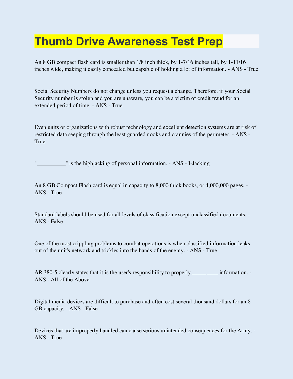 Thumb Drive Awareness Test Prep | with 100% Correct Answers | Updated ...