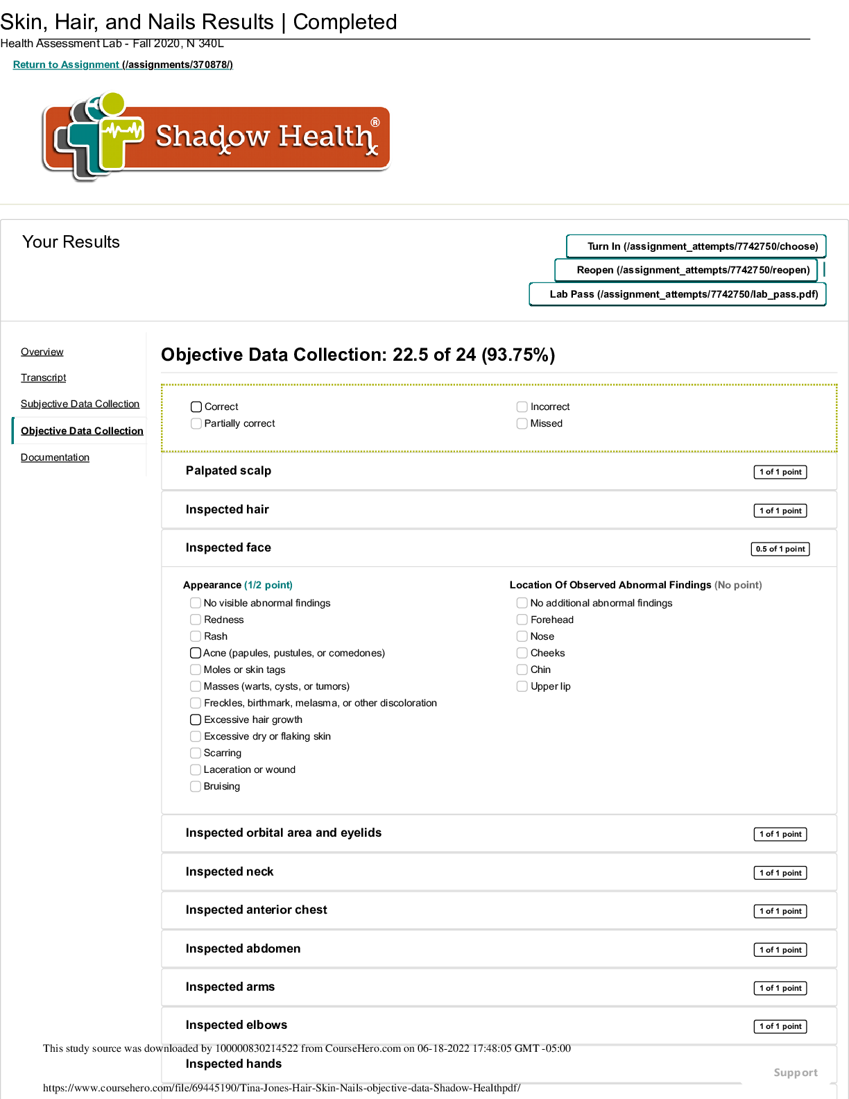 Tina Jones Hair Skin and Nails Lab Pass Objective Data Collection file ...