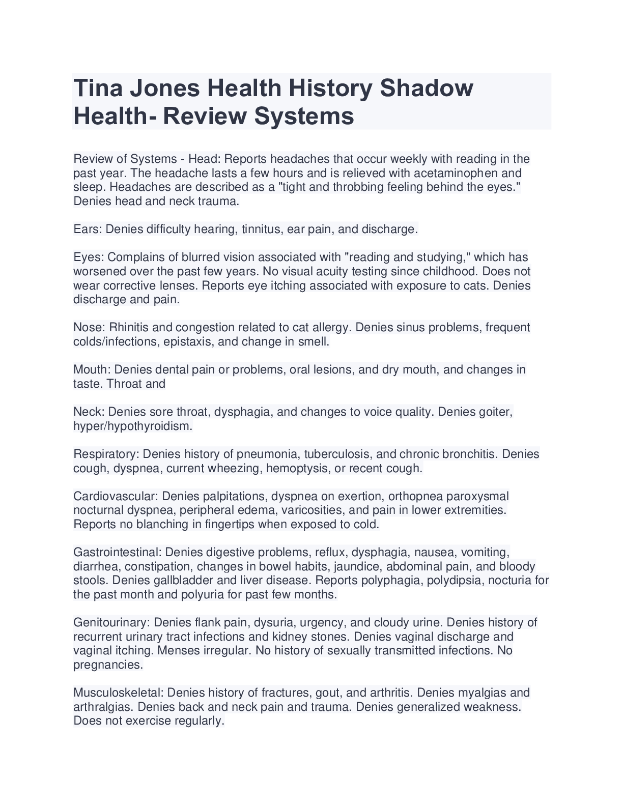 Tina Jones Health History Shadow Health- Review Systems ...