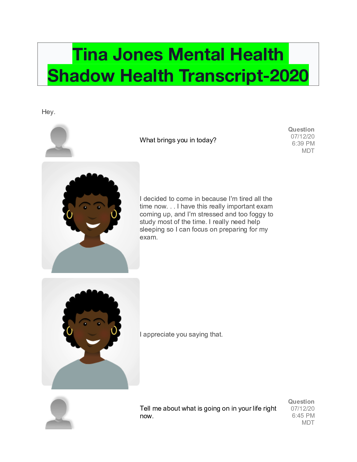 Tina Jones Mental Health Shadow Health Transcript-2020 – Scholarfriends ...