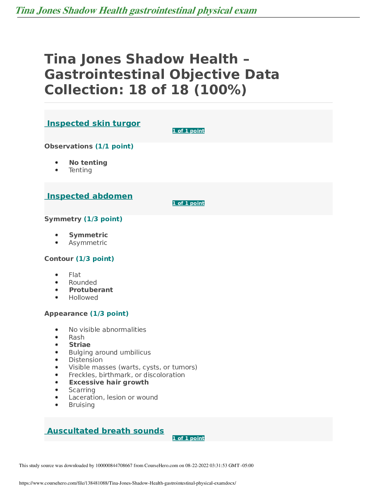Tina Jones Shadow Health gastrointestinal physical exam ...