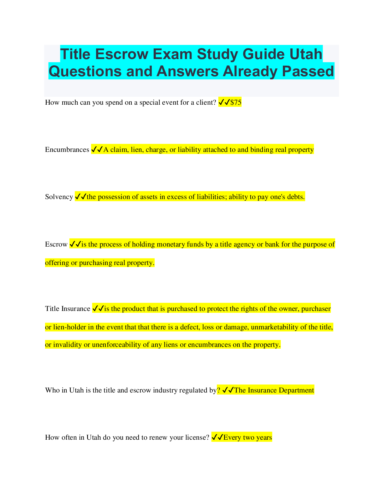 Escrow Bundled Exams Questions and Answers Already Passed - Scholarfriends