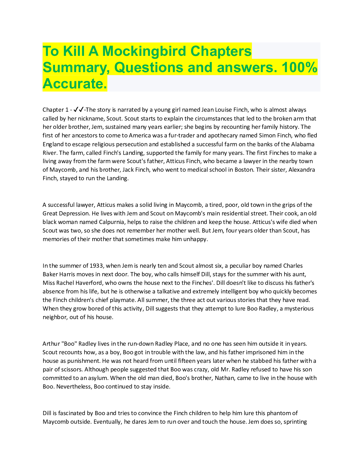 To Kill A Mockingbird Chapters Summary, Questions and answers. 100% ...