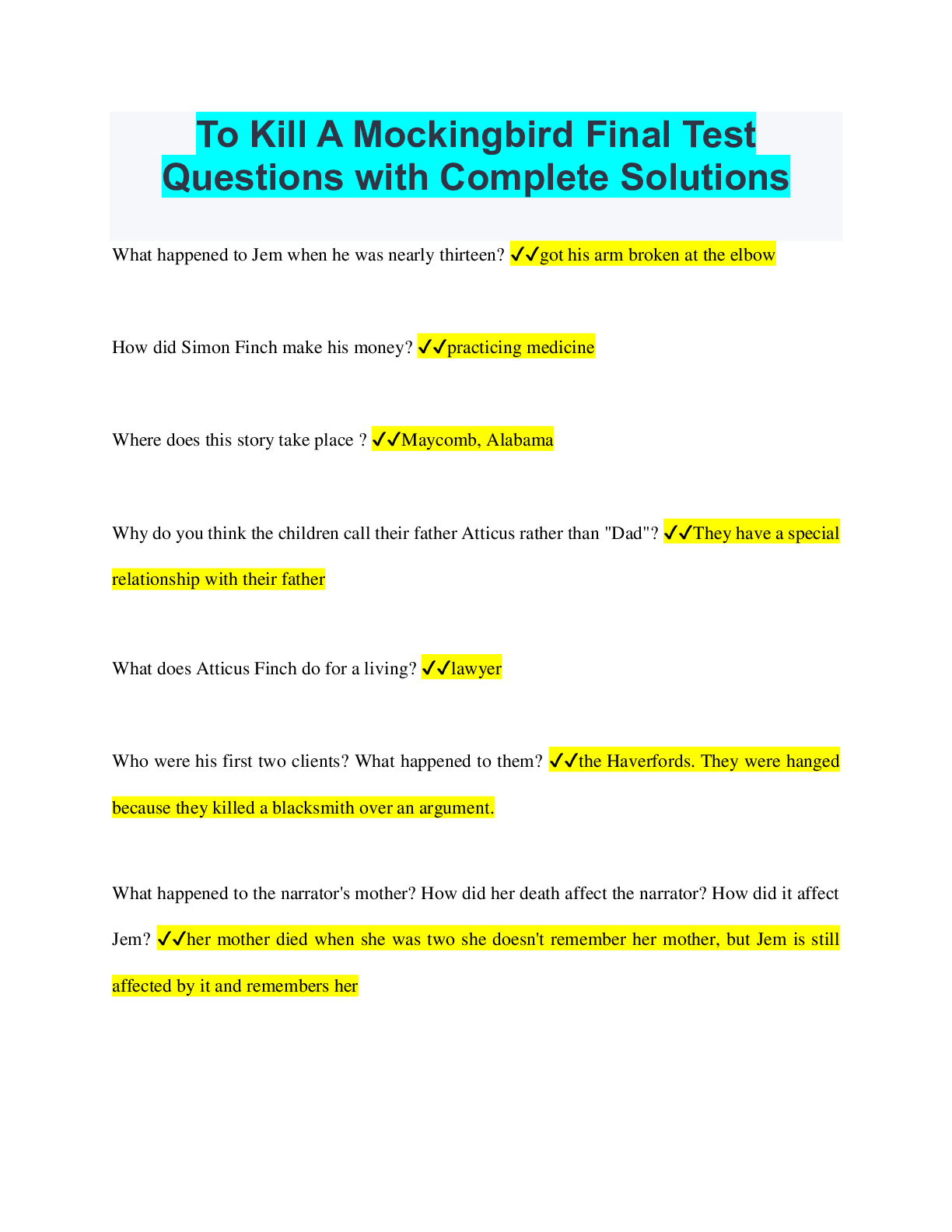 To Kill A Mockingbird Final Test Questions with Complete Solutions ...