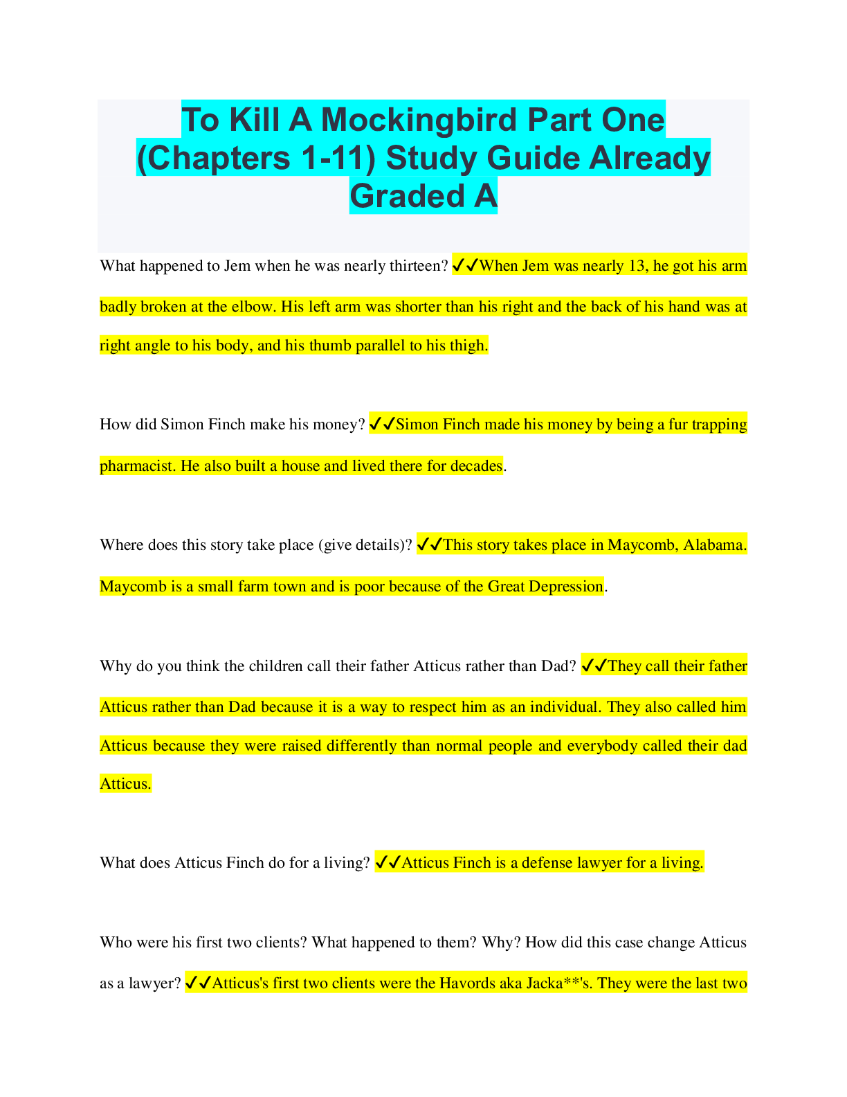 To Kill A Mockingbird Part One (Chapters 1-11) Study Guide Already ...