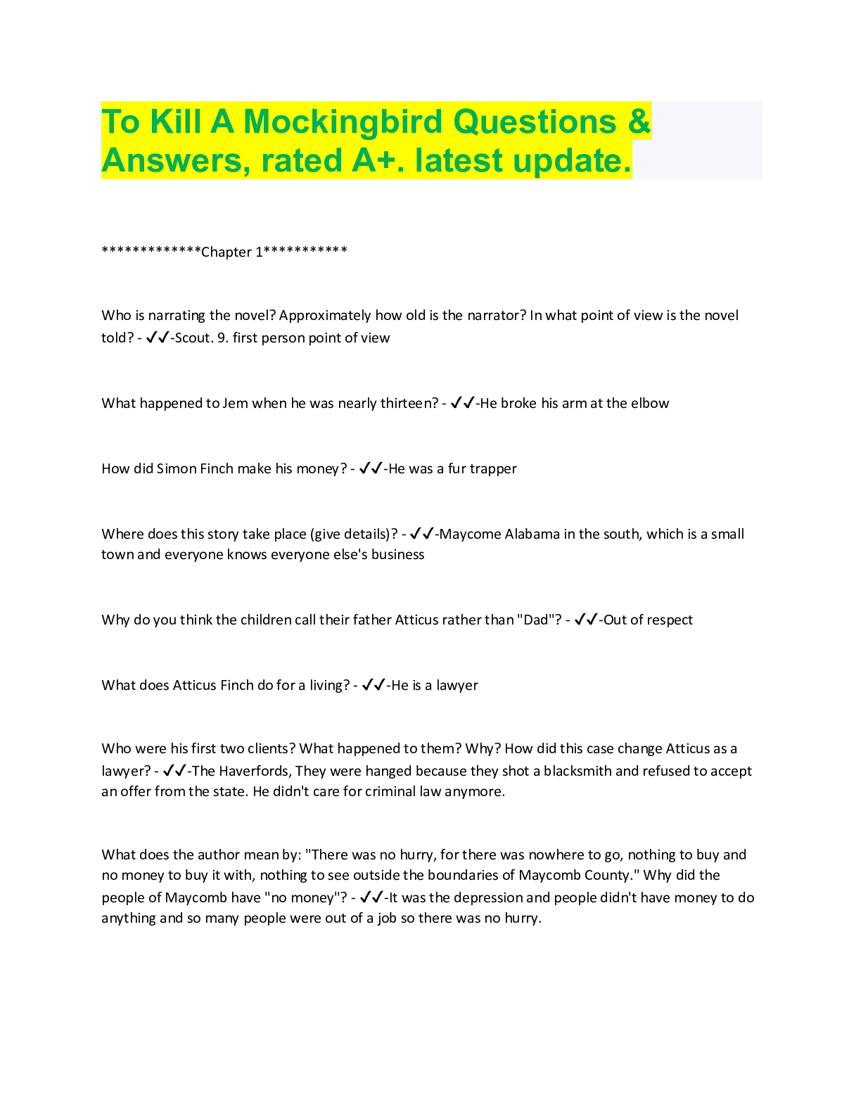 To Kill A Mockingbird Questions & Answers, rated A+. latest update ...