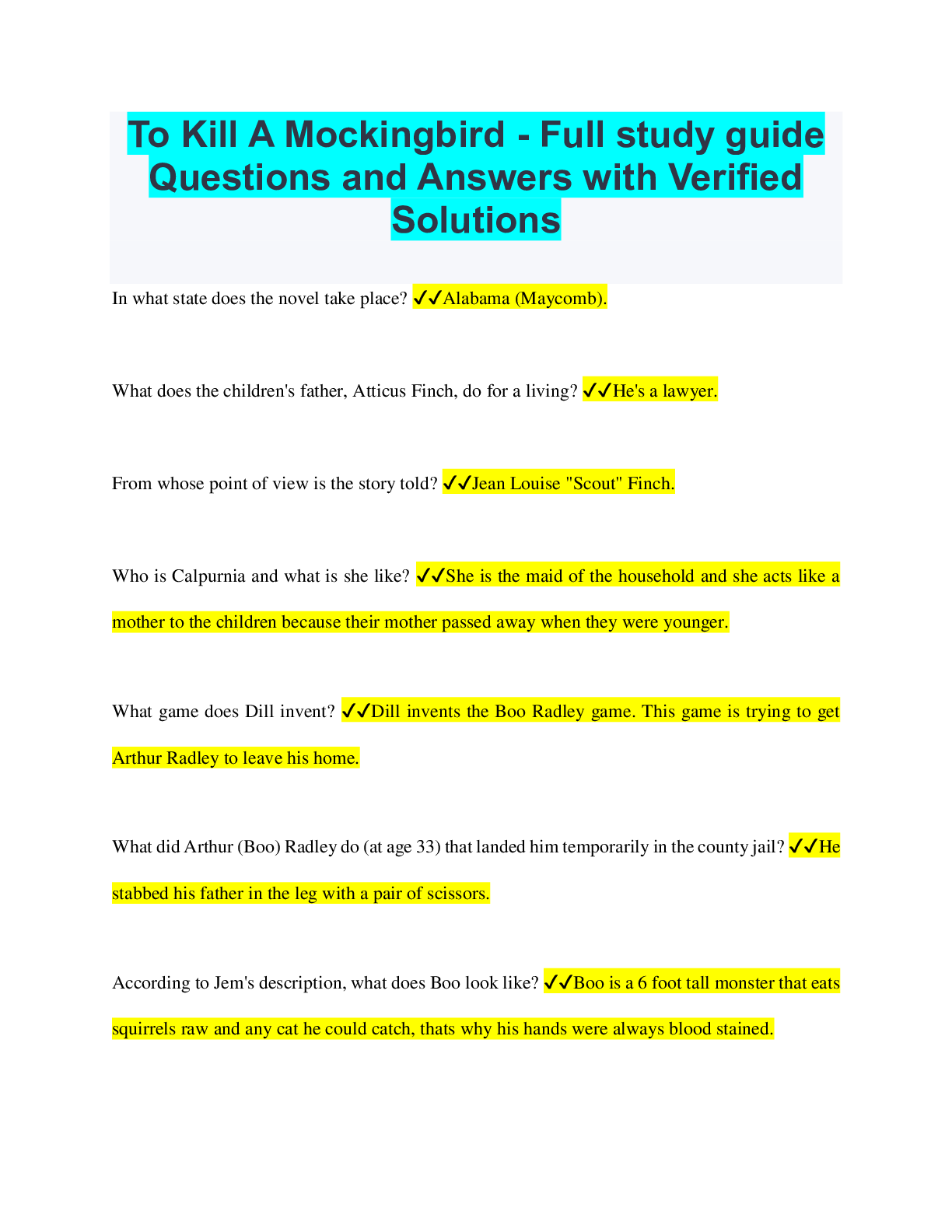To Kill A Mockingbird - Full study guide Questions and Answers with ...