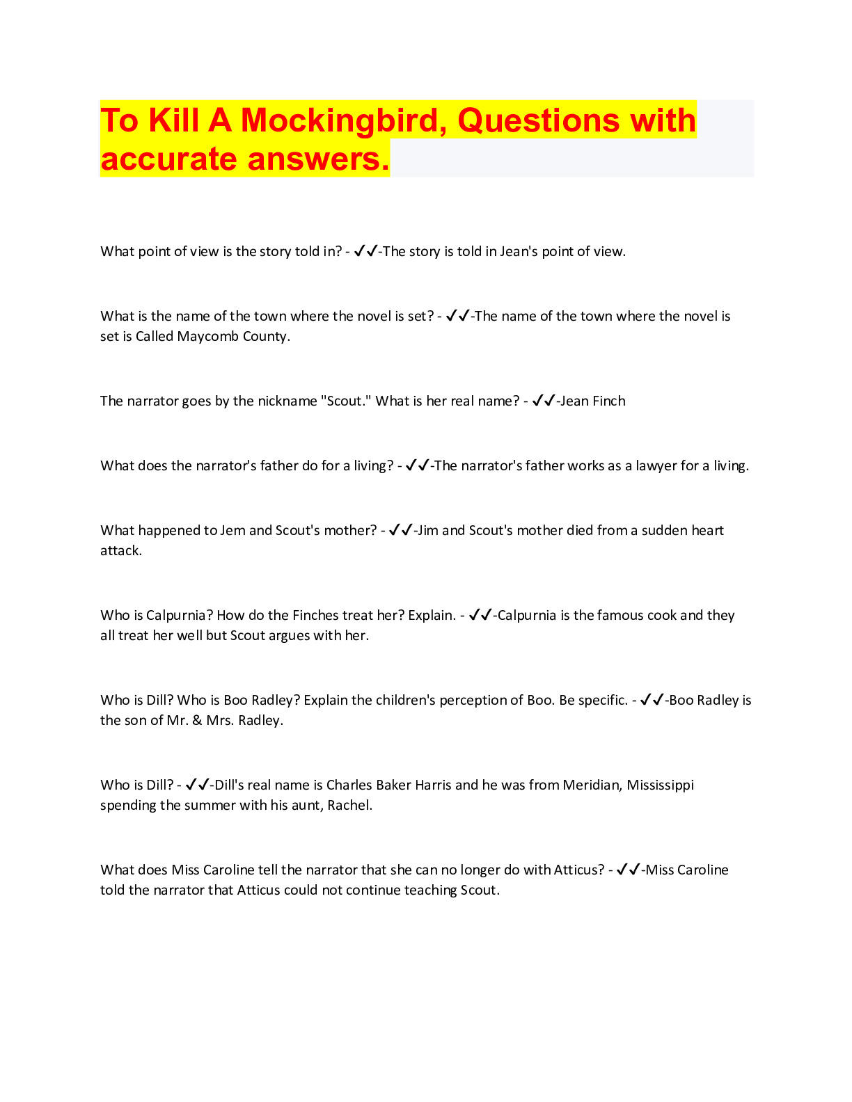 To Kill A Mockingbird, Questions with accurate answers ...