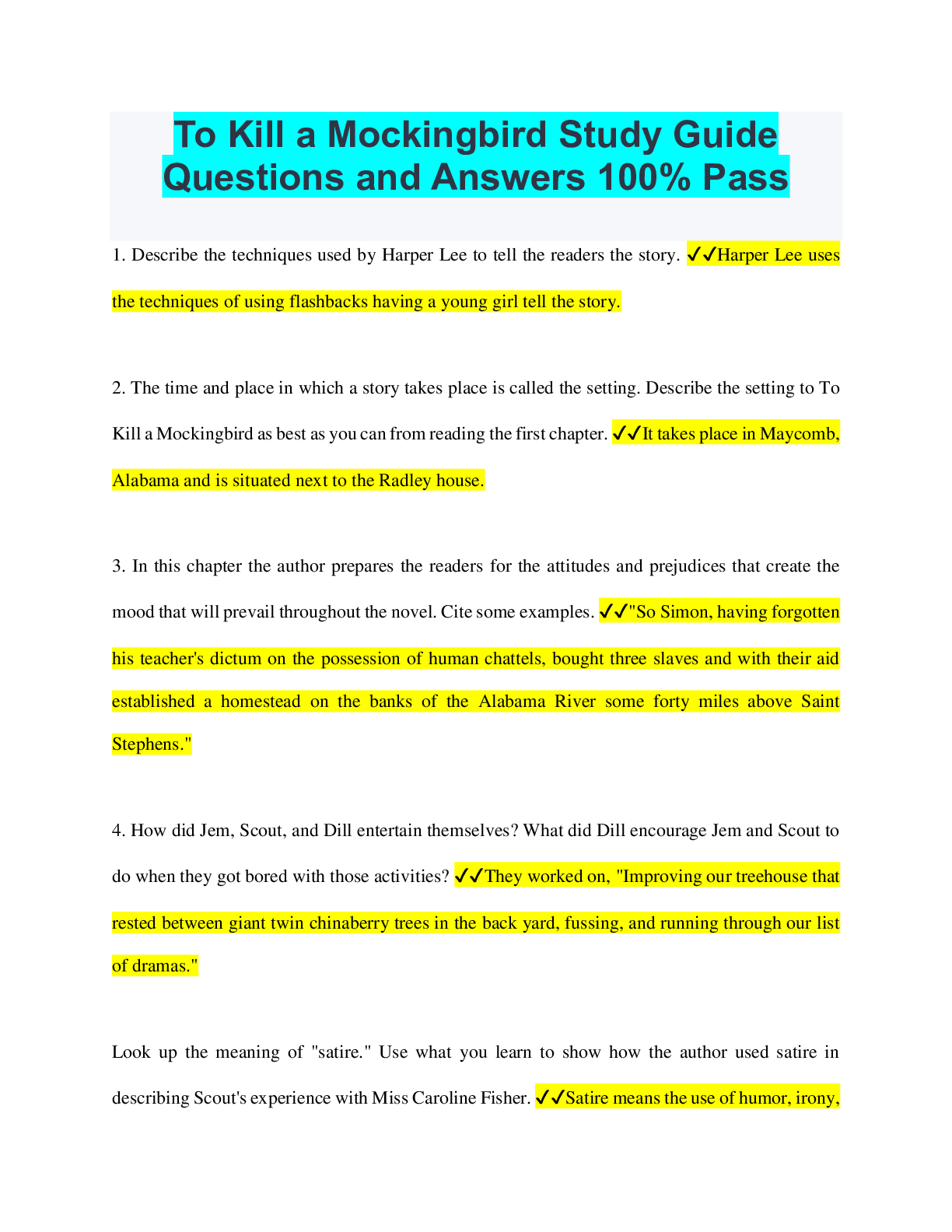 To Kill a Mockingbird Study Guide Questions and Answers 100% Pass ...