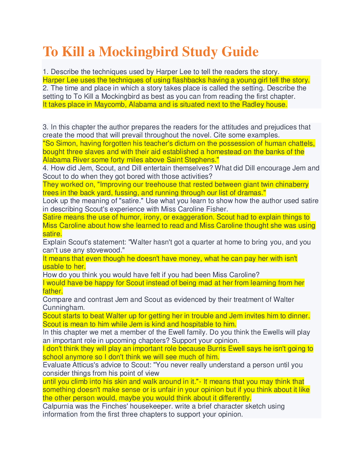 To Kill a Mockingbird Study Guide quiz - Scholarfriends