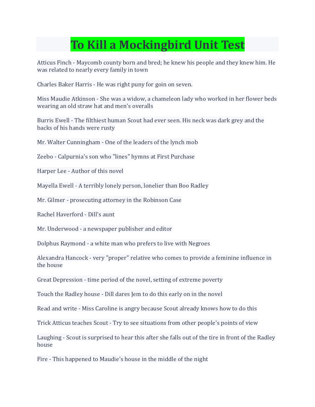 To Kill a Mockingbird Unit Test with characters - Scholarfriends
