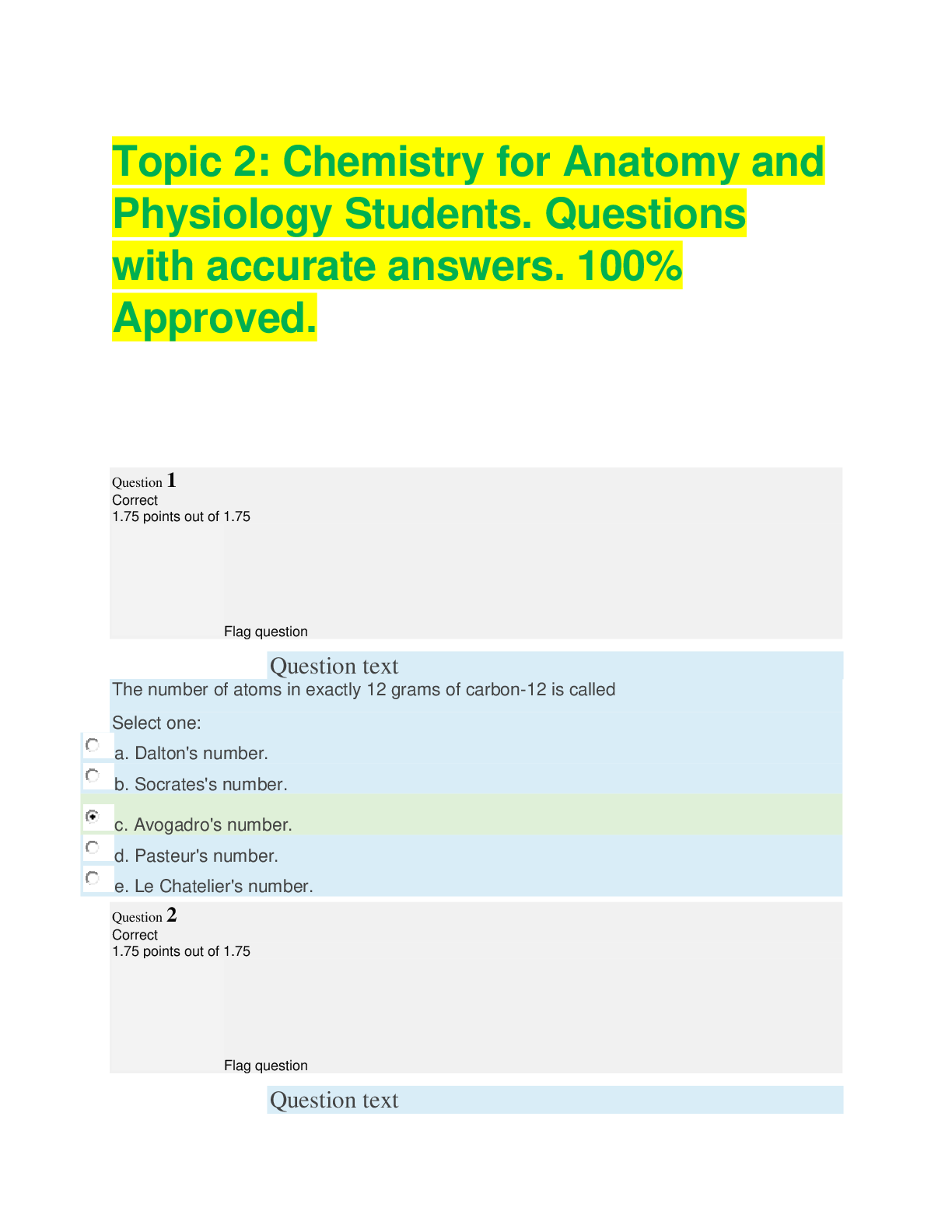Topic 2: Chemistry for Anatomy and Physiology Students. Questions with ...