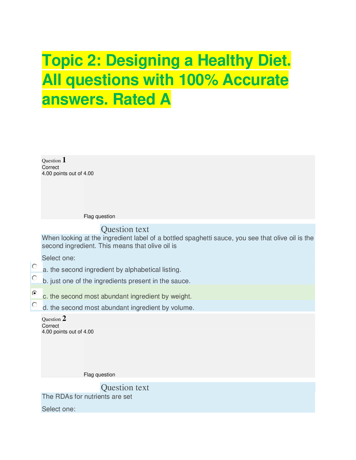 Topic 2: Designing a Healthy Diet. All questions with 100% Accurate ...