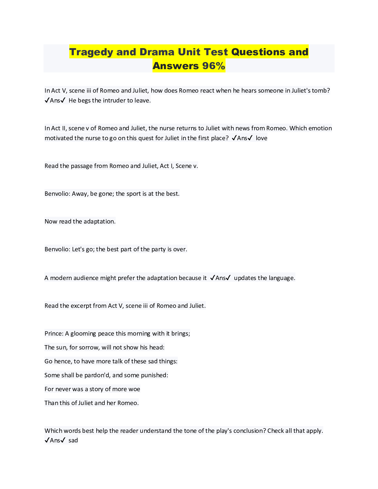 Tragedy and Drama Unit Test Questions and Answers 96% - Scholarfriends