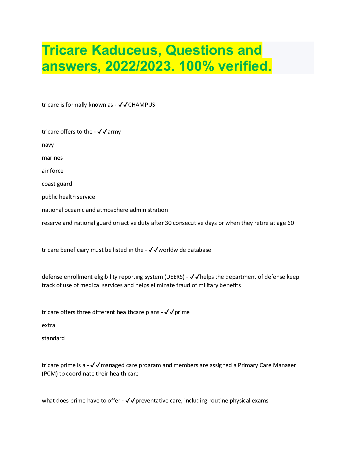 Tricare Kaduceus, Questions and answers, 2022/2023. 100% verified ...