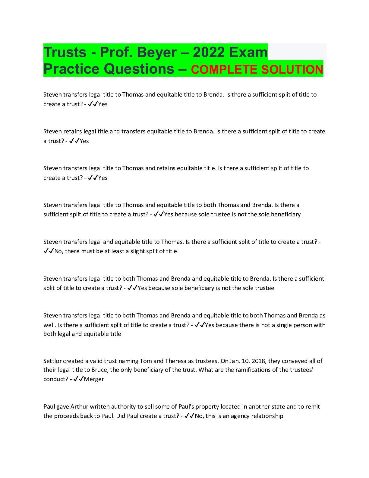 Trusts - Prof. Beyer – 2022 Exam Practice Questions – COMPLETE SOLUT ...