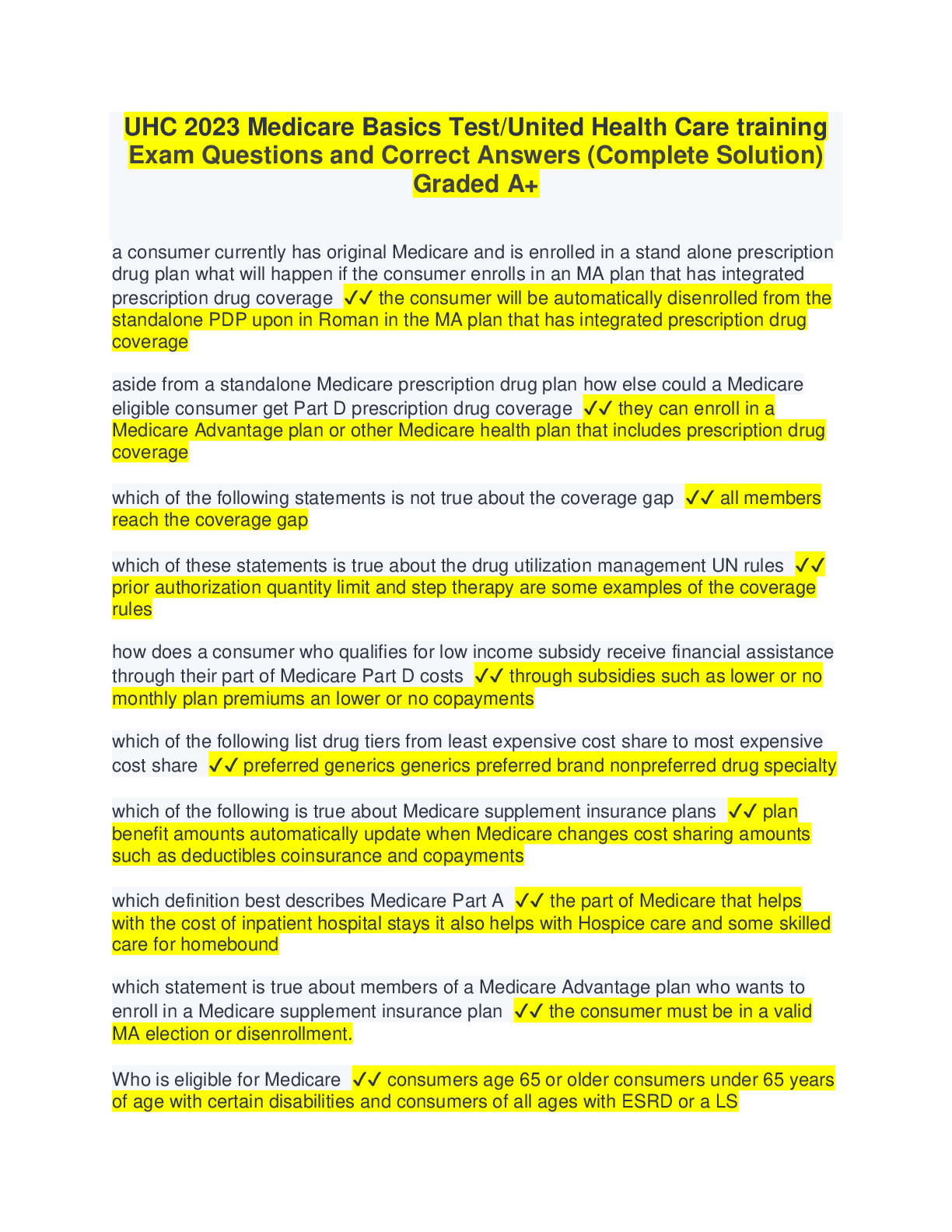 UHC 2023 Medicare Basics Test/United Health Care training Exam ...