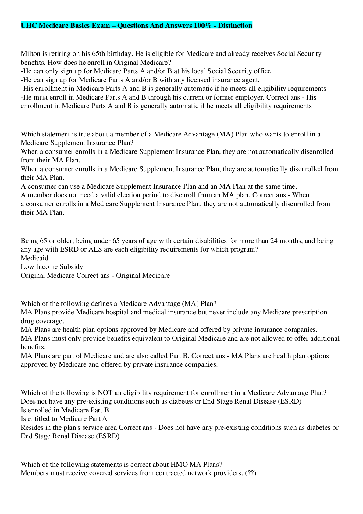 UHC Medicare Basics Exam – Questions And Answers 100% - Distinction ...