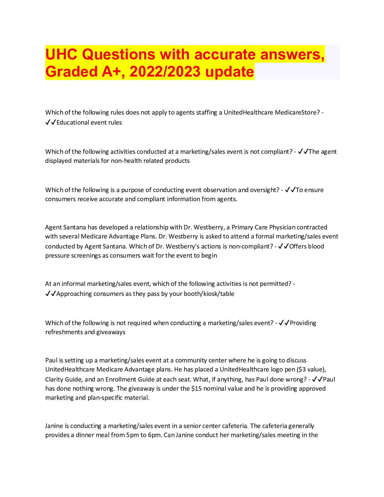 UHC Questions with accurate answers, Graded A+, 2022/2023 update ...