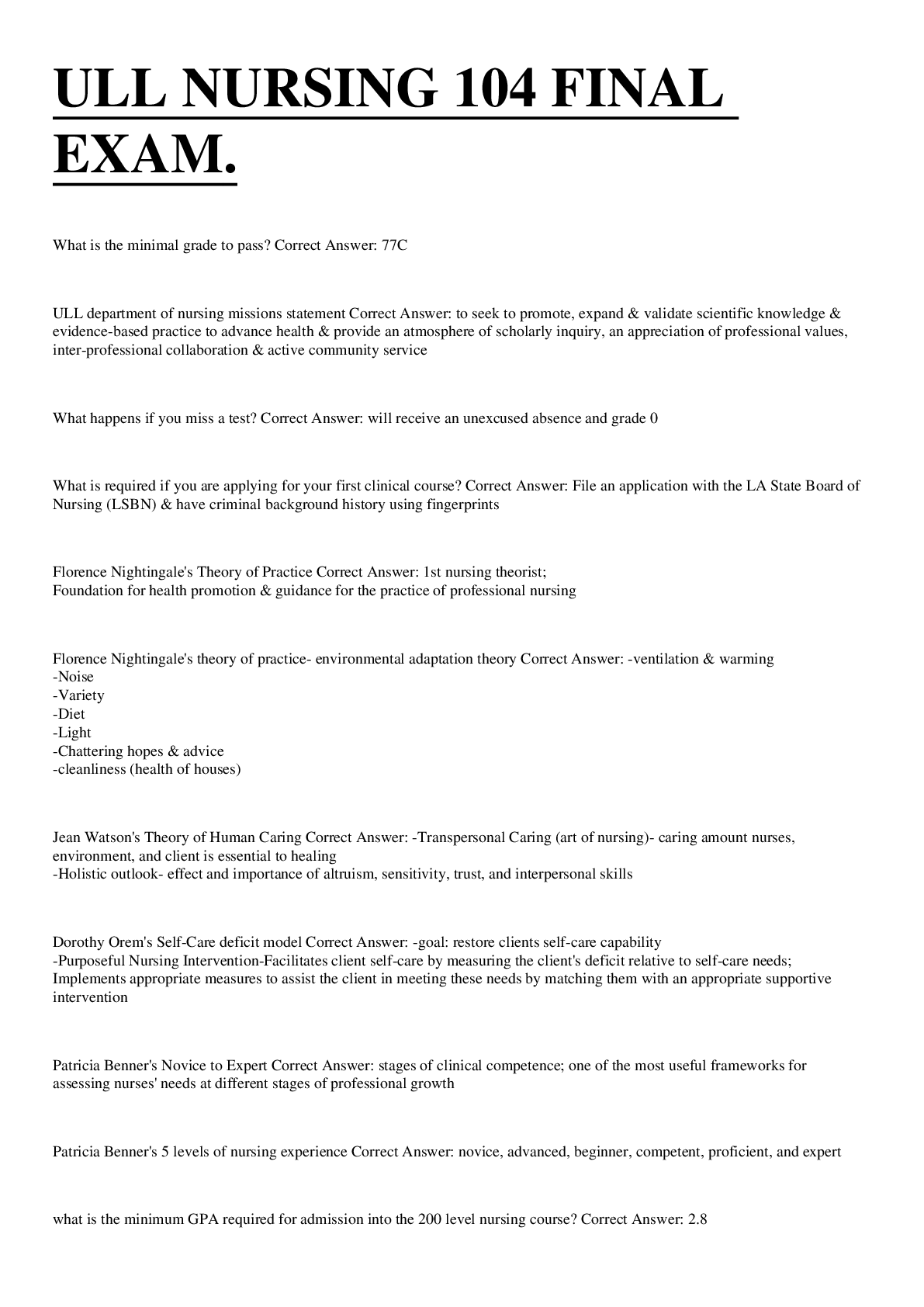 ULL NURSING 104 FINAL EXAM QUESTIONS AND ANSWERS - Scholarfriends