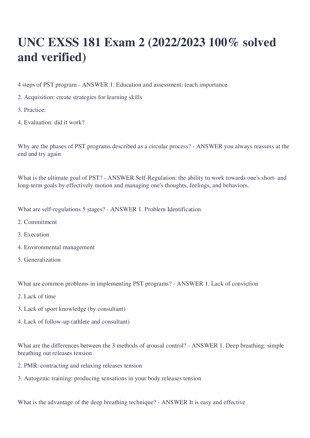 UNC EXSS 181 Exam 2 (2022/2023 100% solved and verified) - Scholarfriends