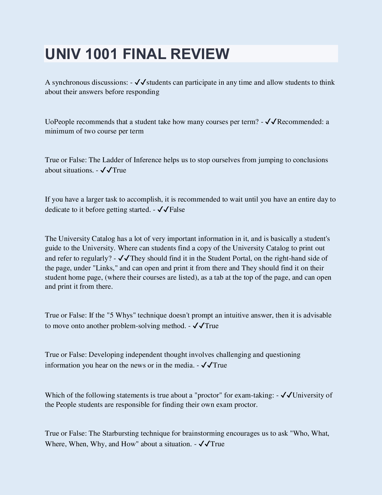 UNIV 1001 FINAL REVIEW | 75 Questions with 100% Correct Answers ...