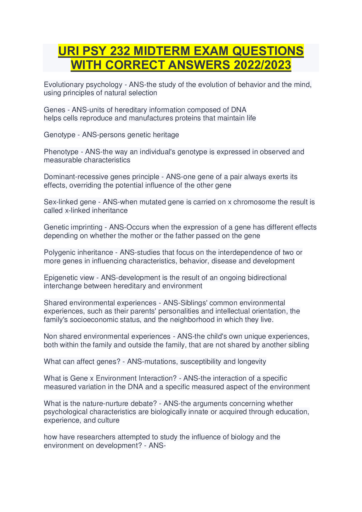 URI PSY 232 MIDTERM EXAM QUESTIONS WITH CORRECT ANSWERS 2022/2023 ...