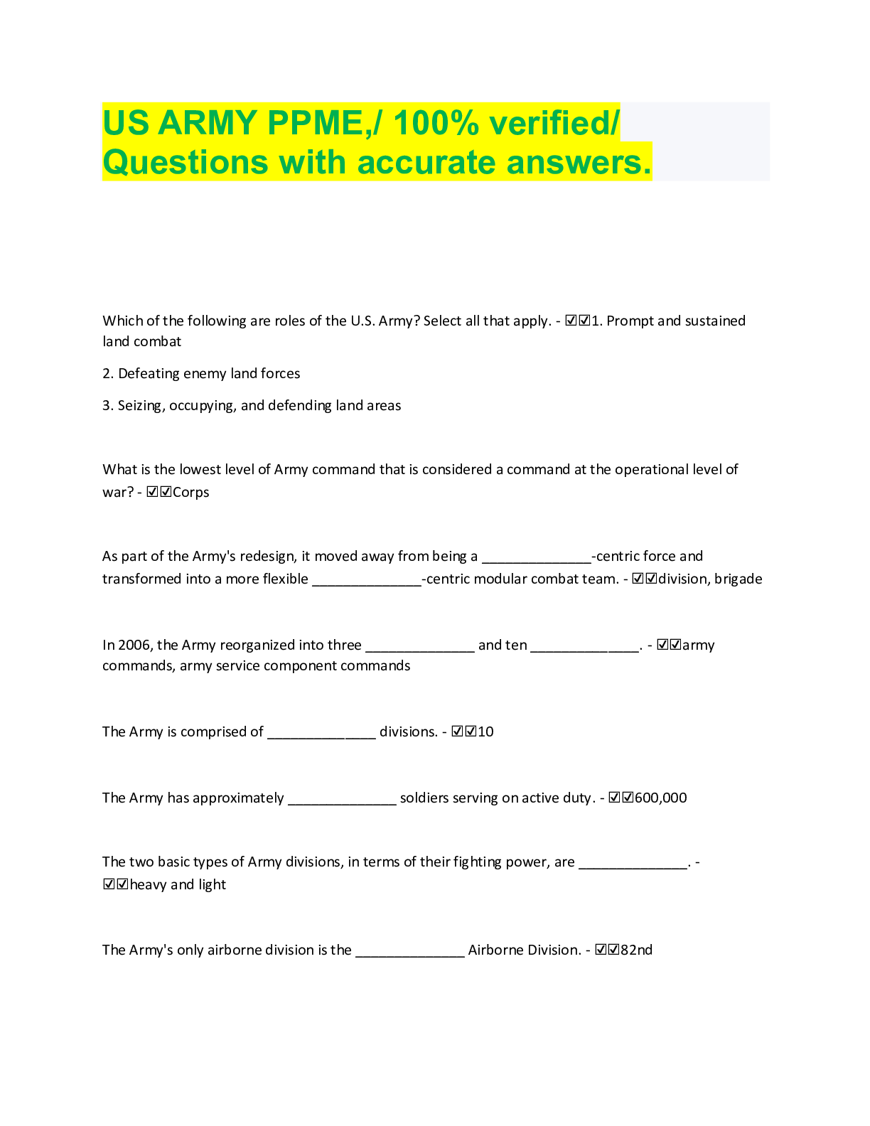 US ARMY PPME,/ 100% verified/ Questions with accurate answers ...