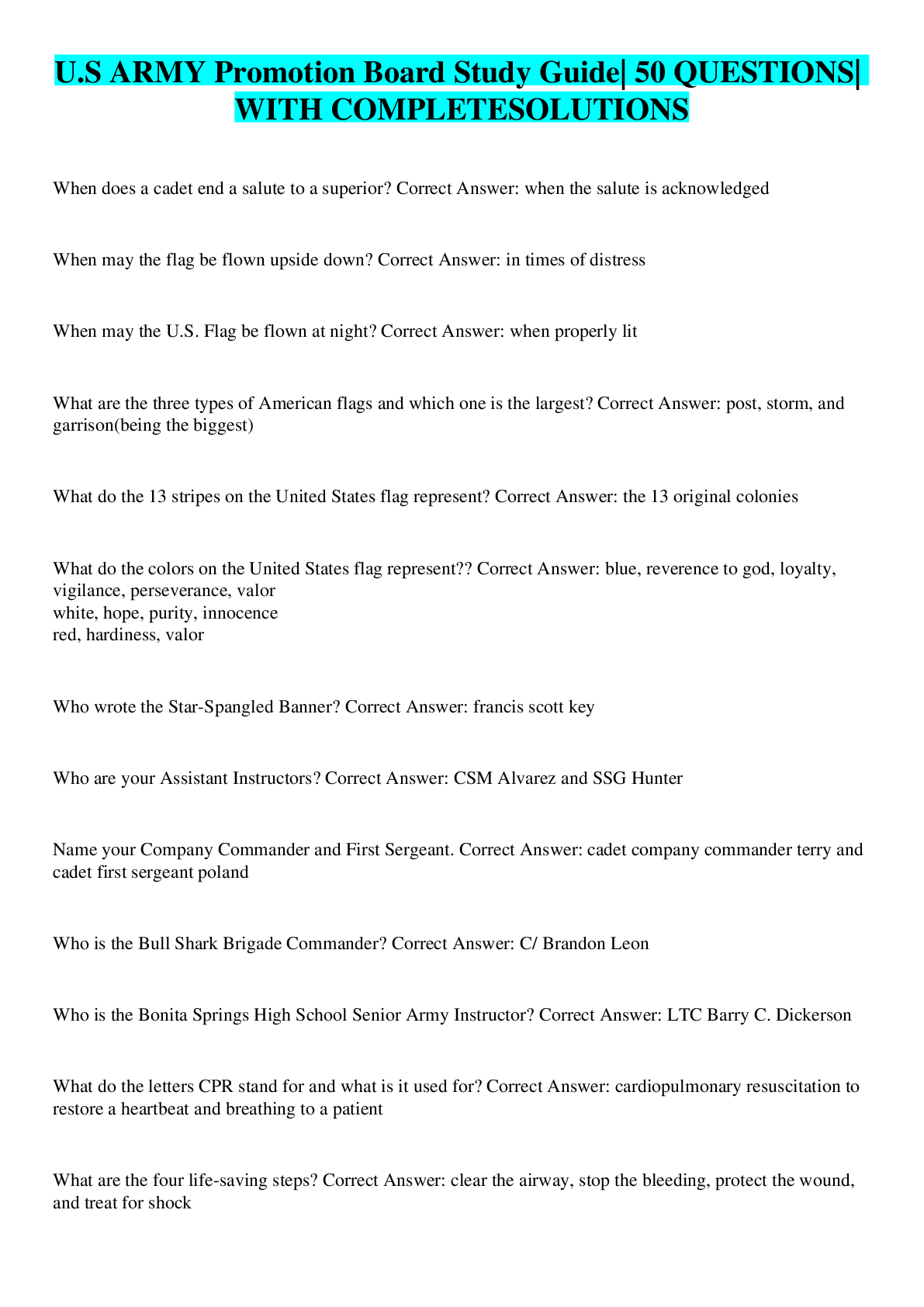 U.S ARMY Promotion Board Study Guide| 50 QUESTIONS| WITH COMPLETE ...