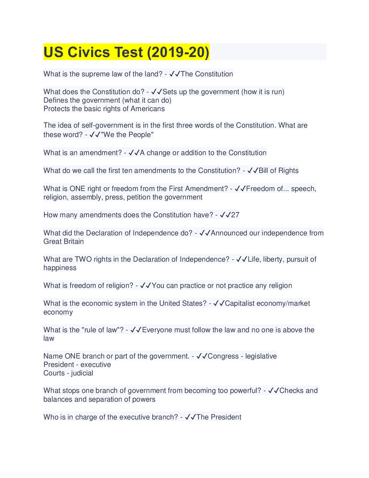 US Civics Test (2019-20) | 100 Questions | 100% Correct Answers ...