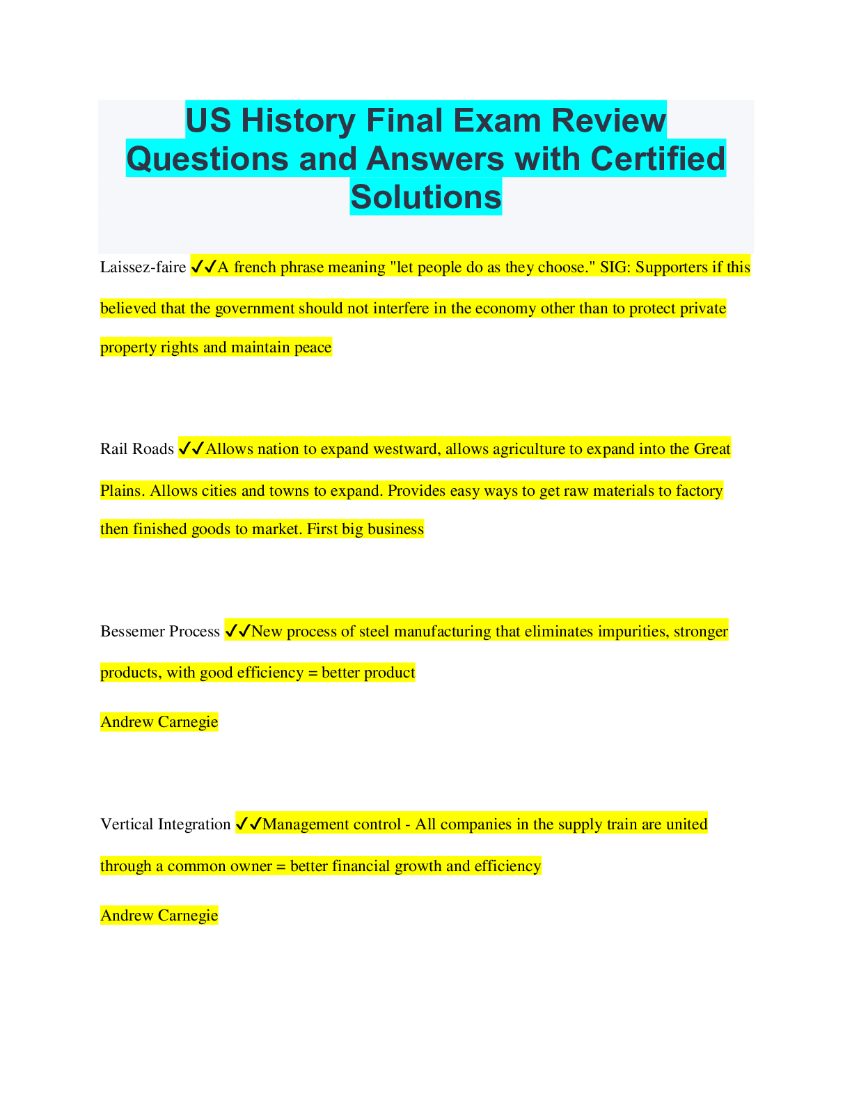 US History Final Exam Review Questions and Answers with Certified ...