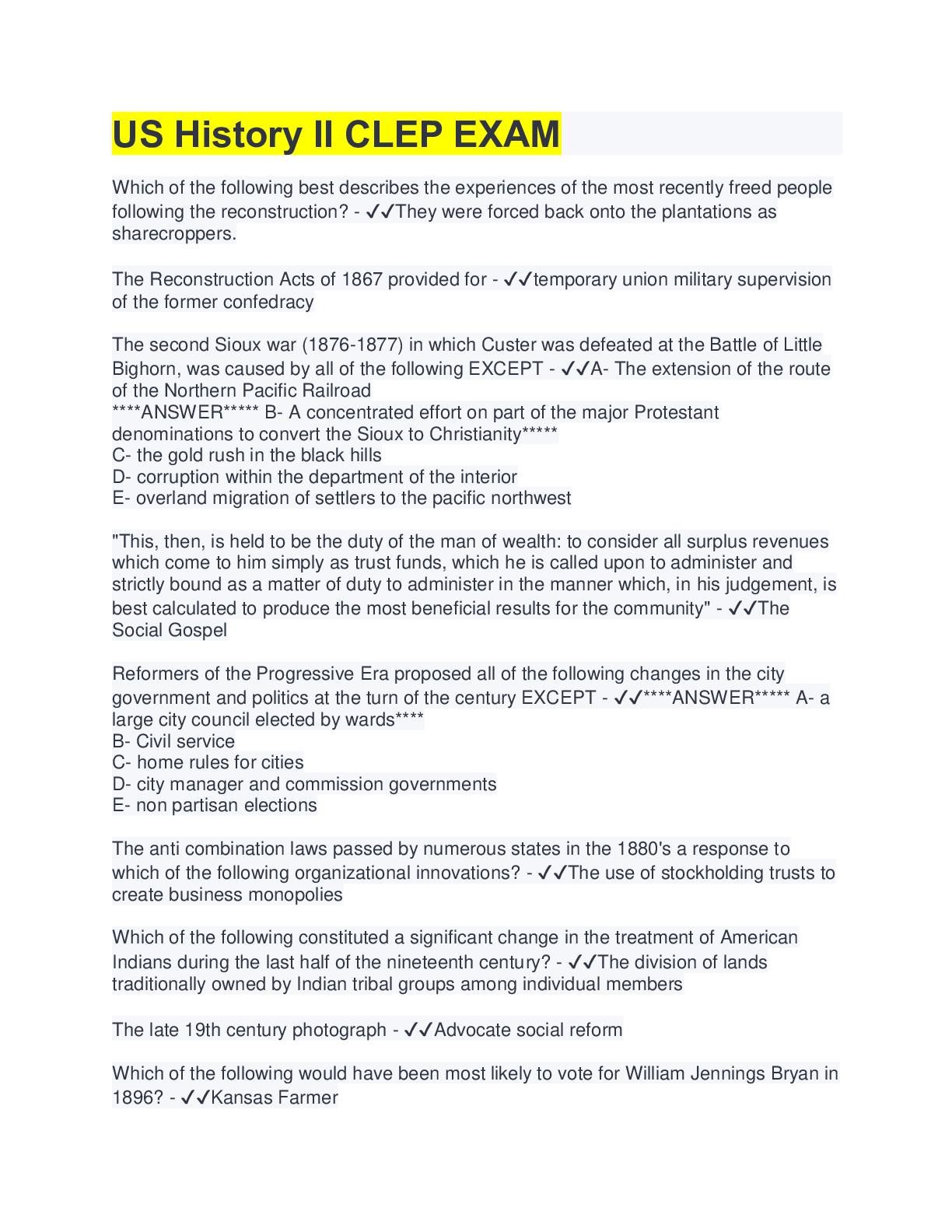 US History II CLEP EXAM – Scholarfriends - Scholarfriends