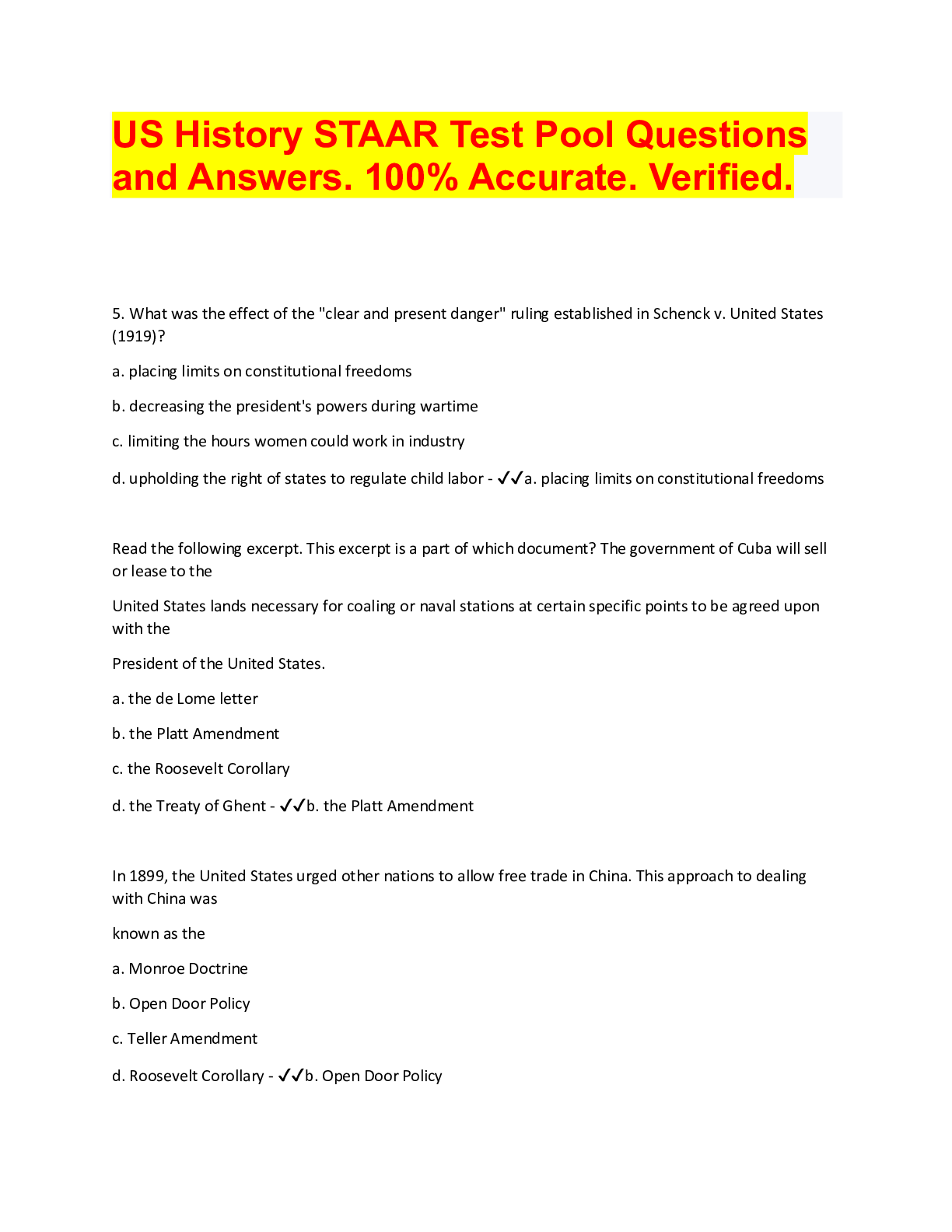 US History STAAR Test Pool Questions and Answers. 100% Accurate ...