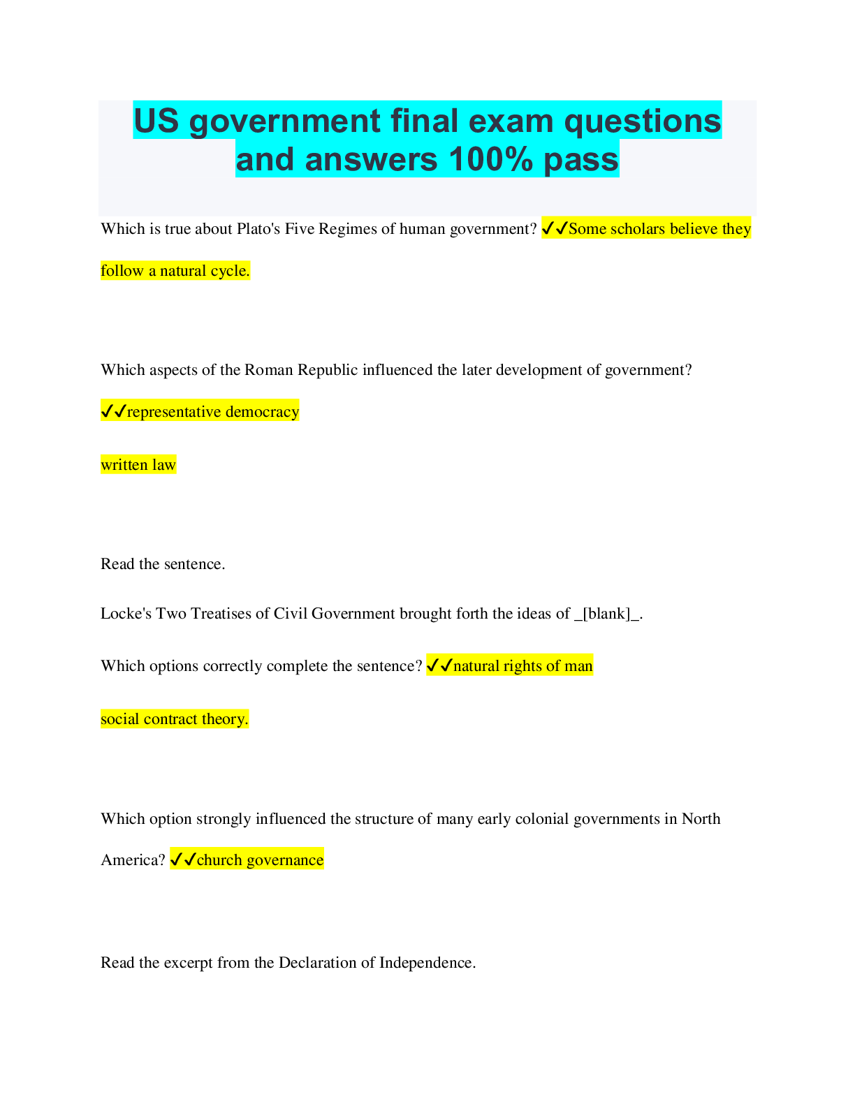 US government final exam questions and answers 100% pass - Scholarfriends