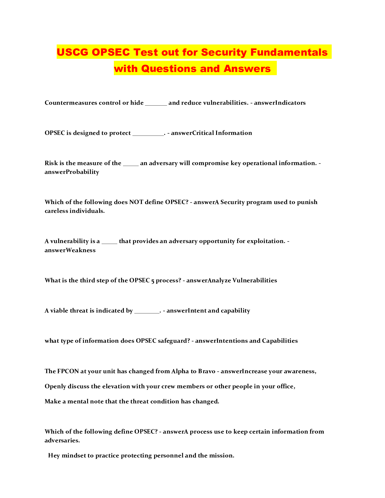 USCG OPSEC Test out for Security Fundamentals with Questions and ...