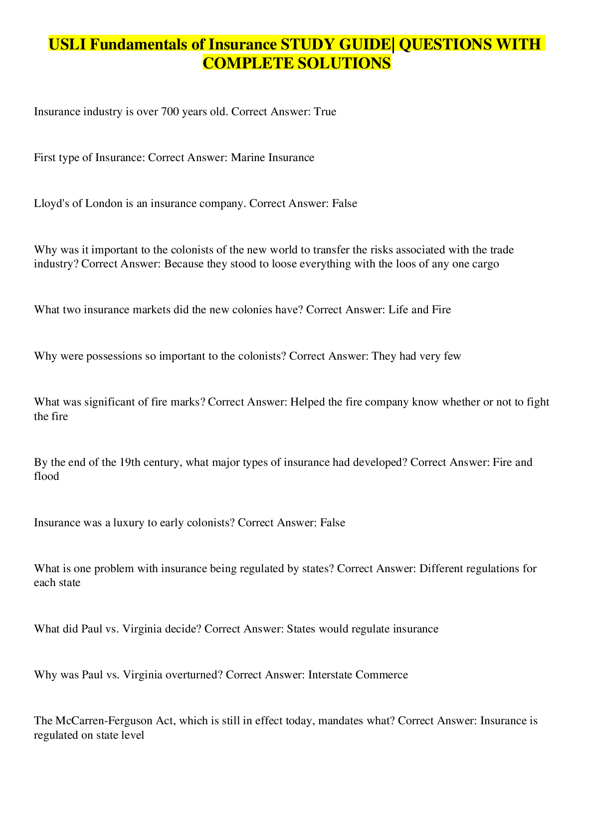 USLI Fundamentals of Insurance STUDY GUIDE| QUESTIONS WITH COMPLETE ...