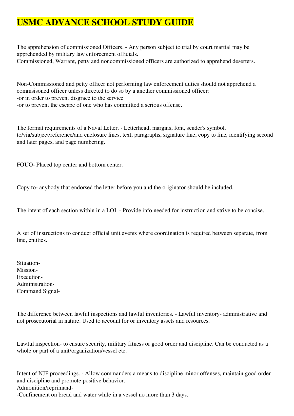 USMC ADVANCE SCHOOL STUDY GUIDE – Scholarfriends - Scholarfriends