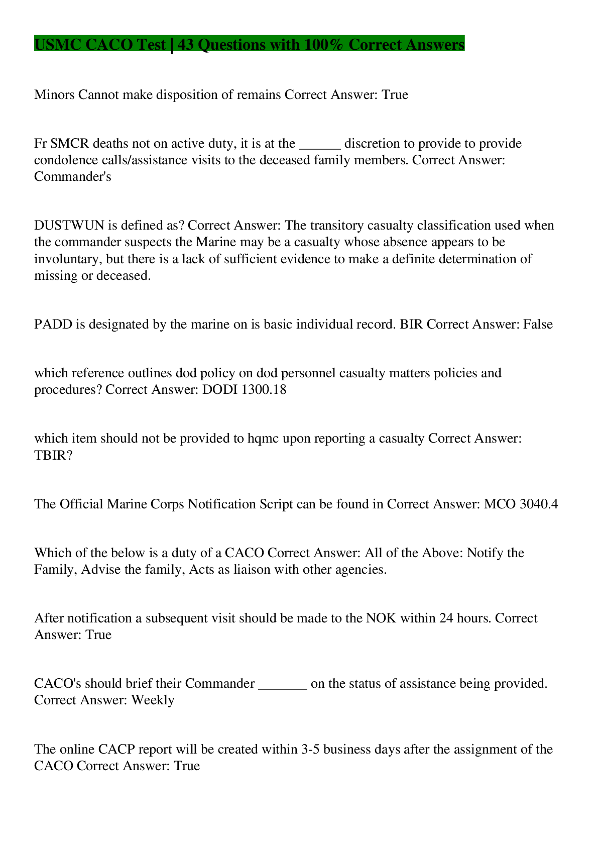 USMC CACO Test | 43 Questions with 100% Correct Answers ...