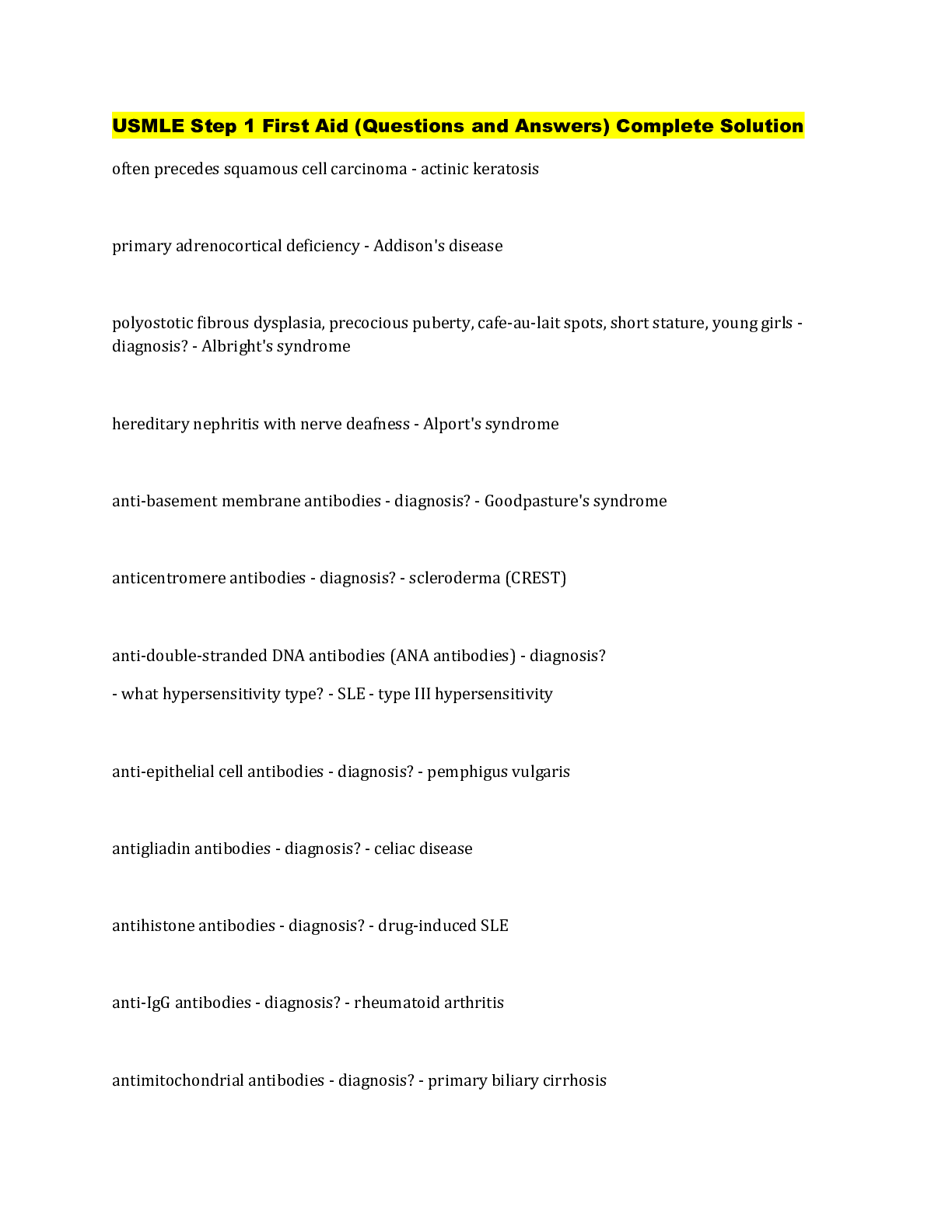 USMLE Step 1 First Aid (Questions and Answers) Complete Solution ...