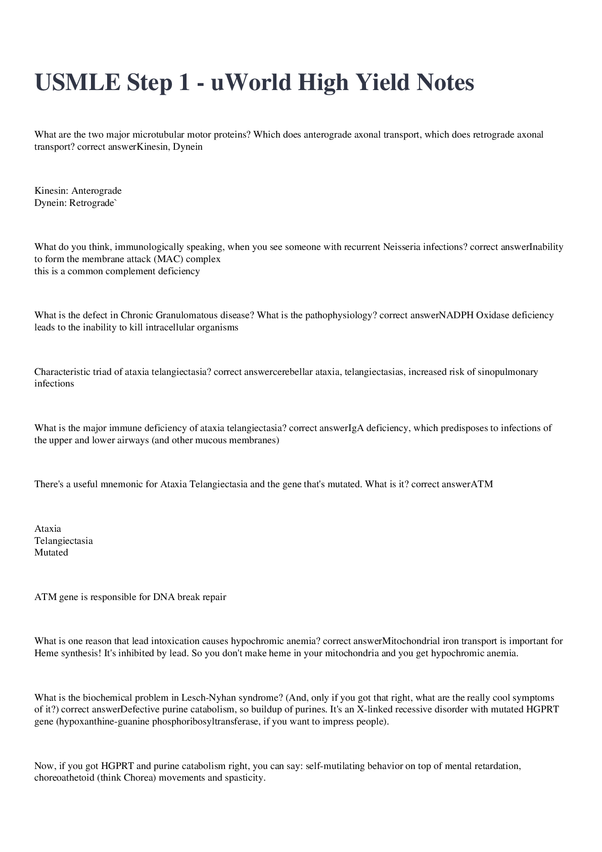 USMLE Step 1 – Uworld High Yield Notes Complete Test 2022/2023 ...