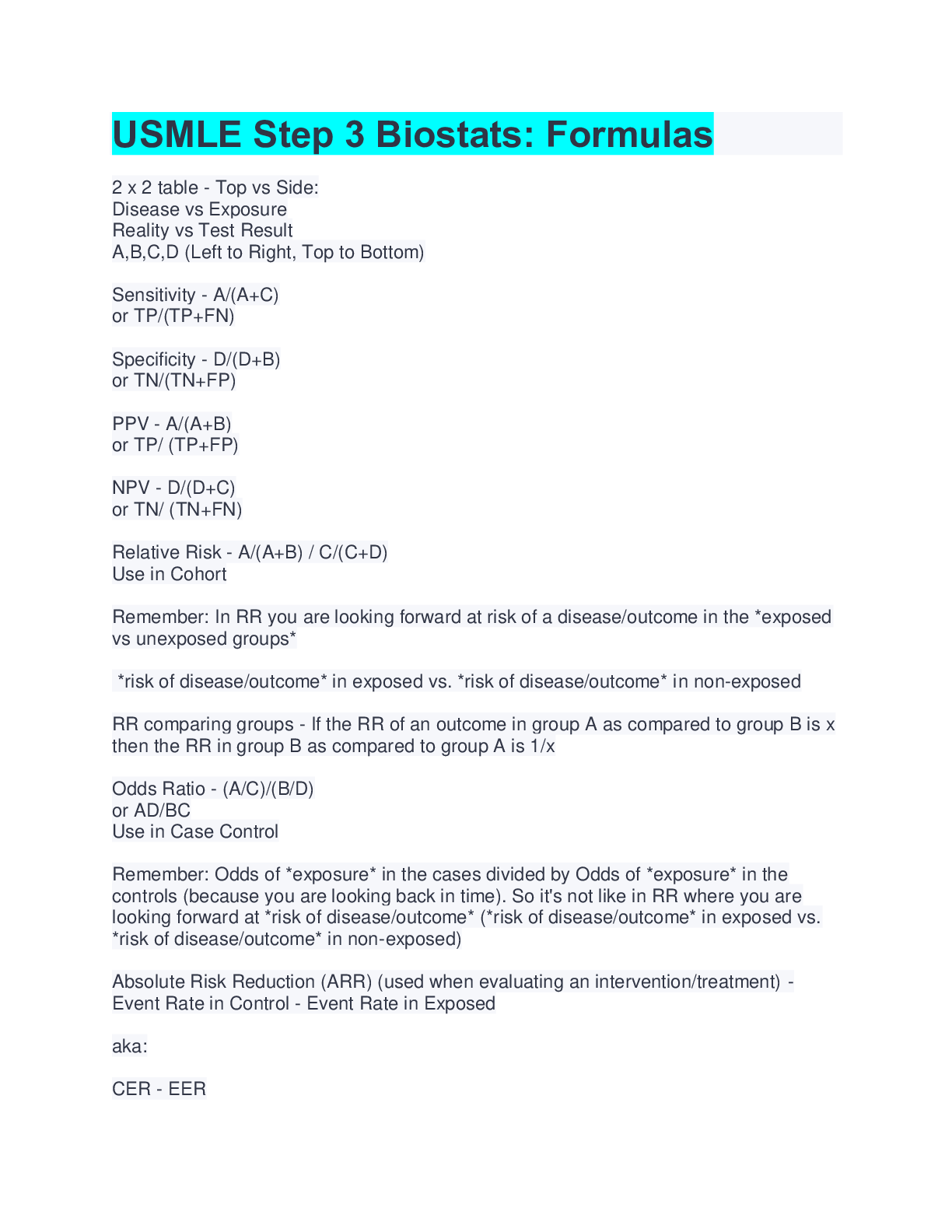 USMLE STEP 3 BIOSTATS: FORMULAS WITH COMPLETE SOLUTIONS - Scholarfriends