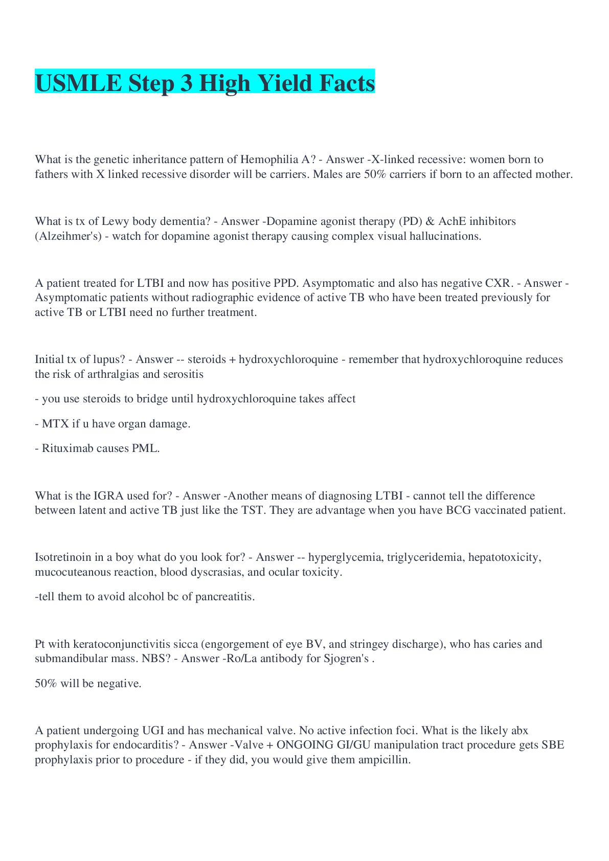 USMLE Step 3 High Yield Facts Questions And Answers 2022 - Scholarfriends