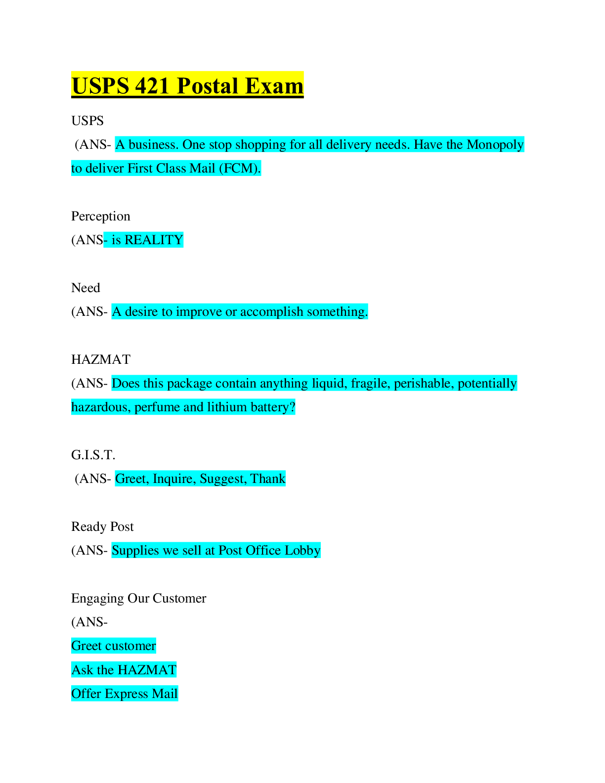 USPS 421 Postal Exam/Guaranteed A+ Guide - Scholarfriends