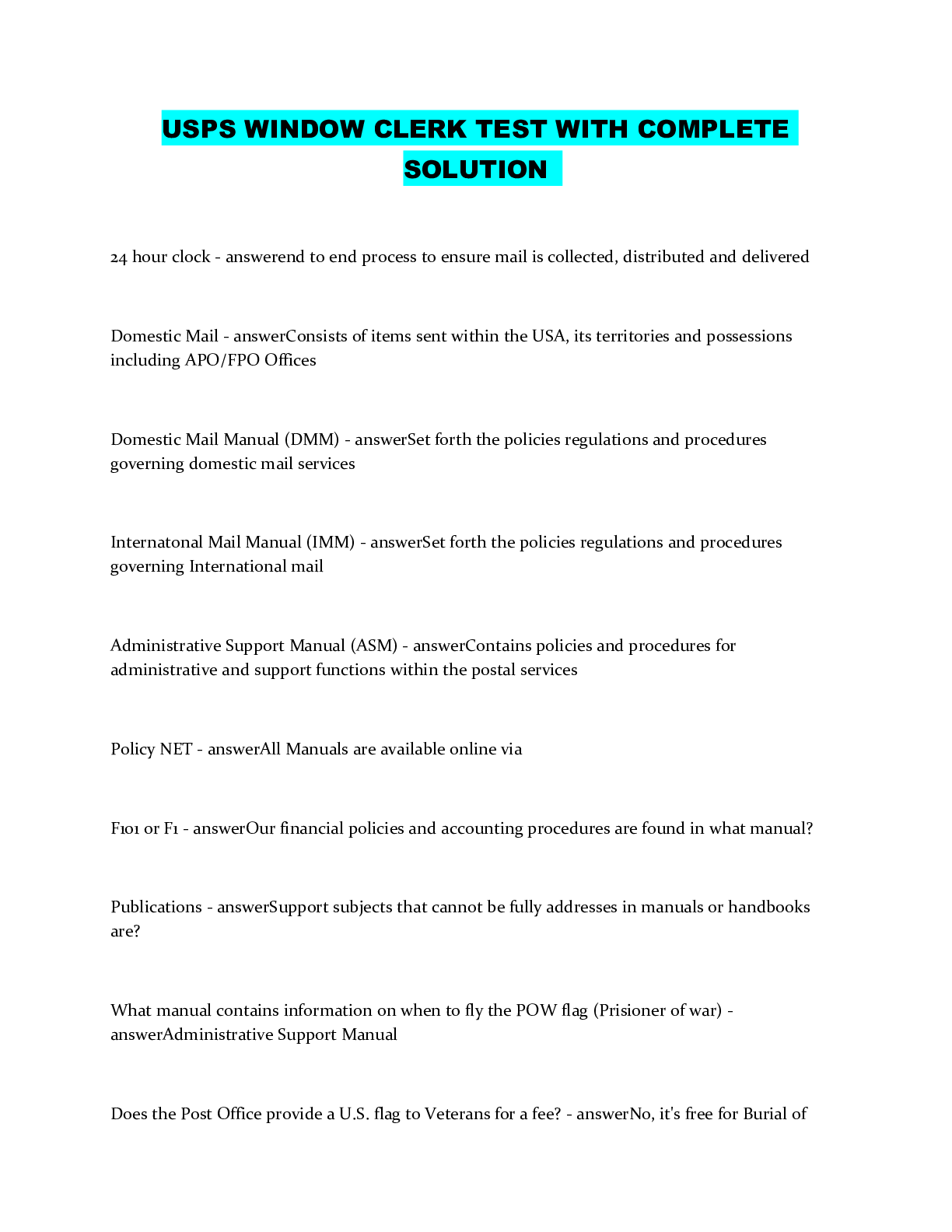 USPS Exam 421 Window Clerk with complete solution – Scholarfriends ...