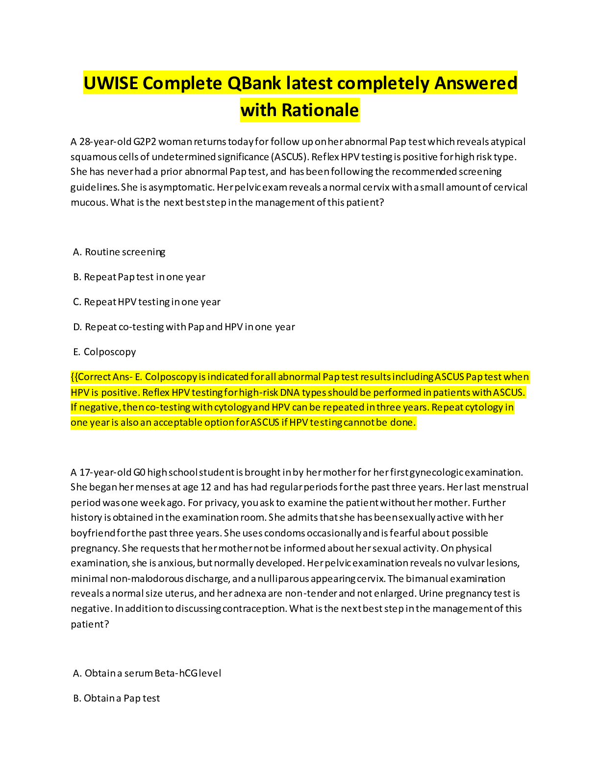 UWise OBGyn Questions/ Complete QBank latest completely Answered with ...