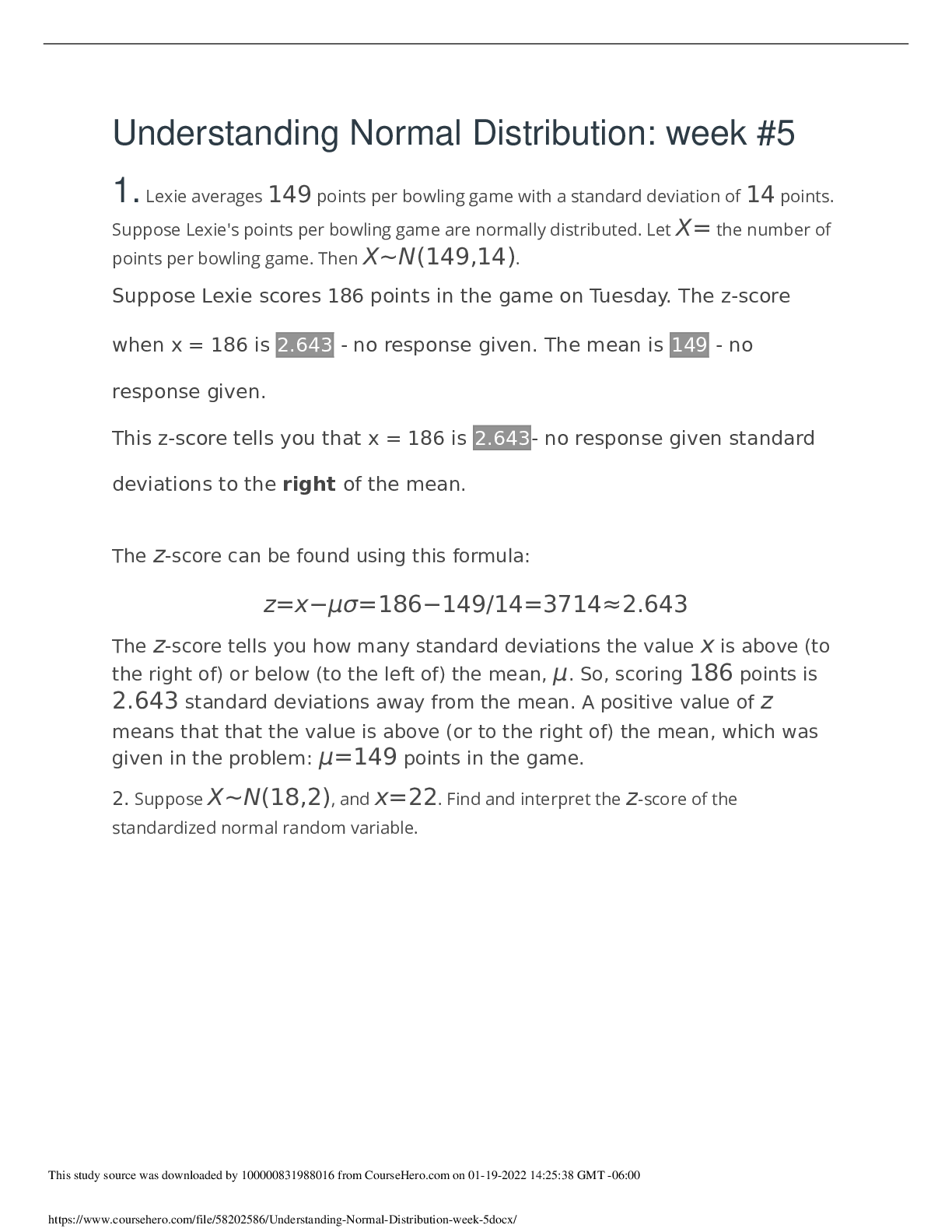 MATH 225N Week 5 Understanding Normal Distribution; complete solutions guide "A" - Scholarfriends