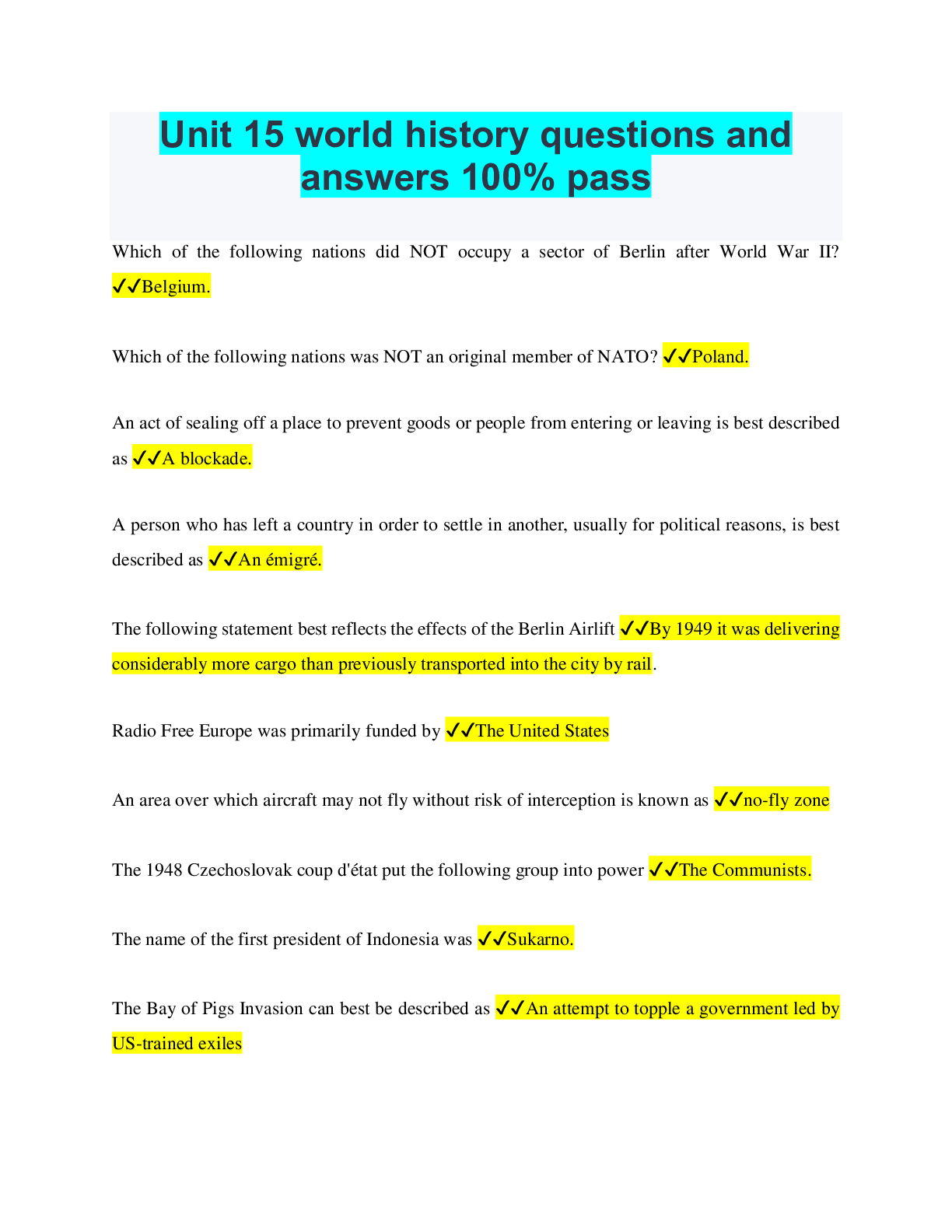 Unit 15 world history questions and answers 100% pass - Scholarfriends