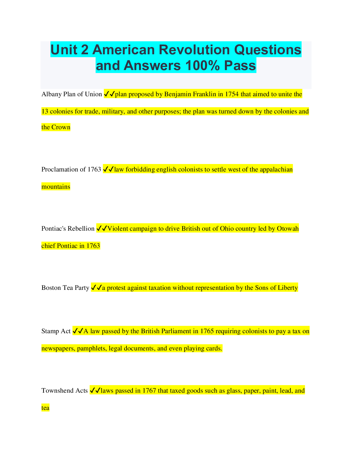 Unit 2 American Revolution Questions and Answers 100% Pass - Scholarfriends